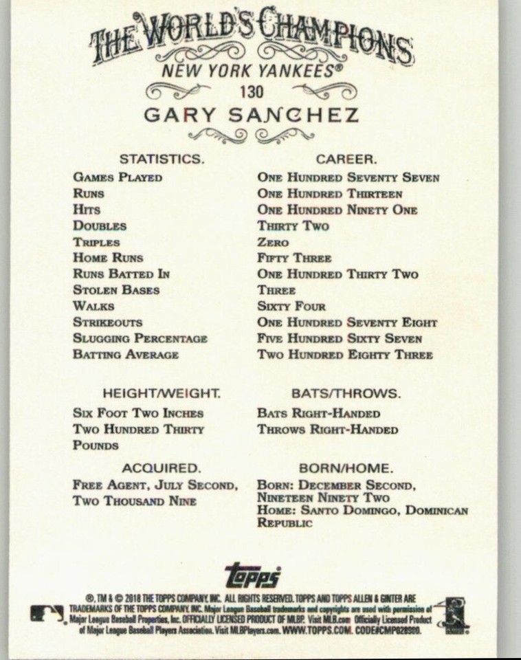 2018 Topps Allen & Ginter Gary Sanchez #130 New York Yankees | eBay