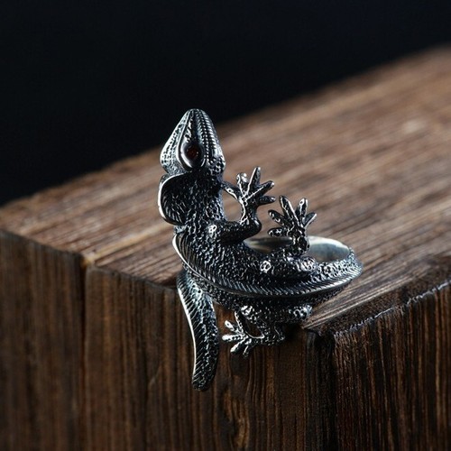 Pure 925 Sterling Silver Ring Adjustable Lizard Open Ring Punk Vintage ...