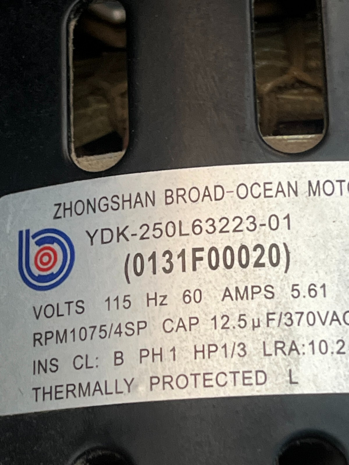 ZHONGSHAN BROAD-OCEAN YDK-250L63223-01 Blower Motor 115V 1/3HP B1340025 ...