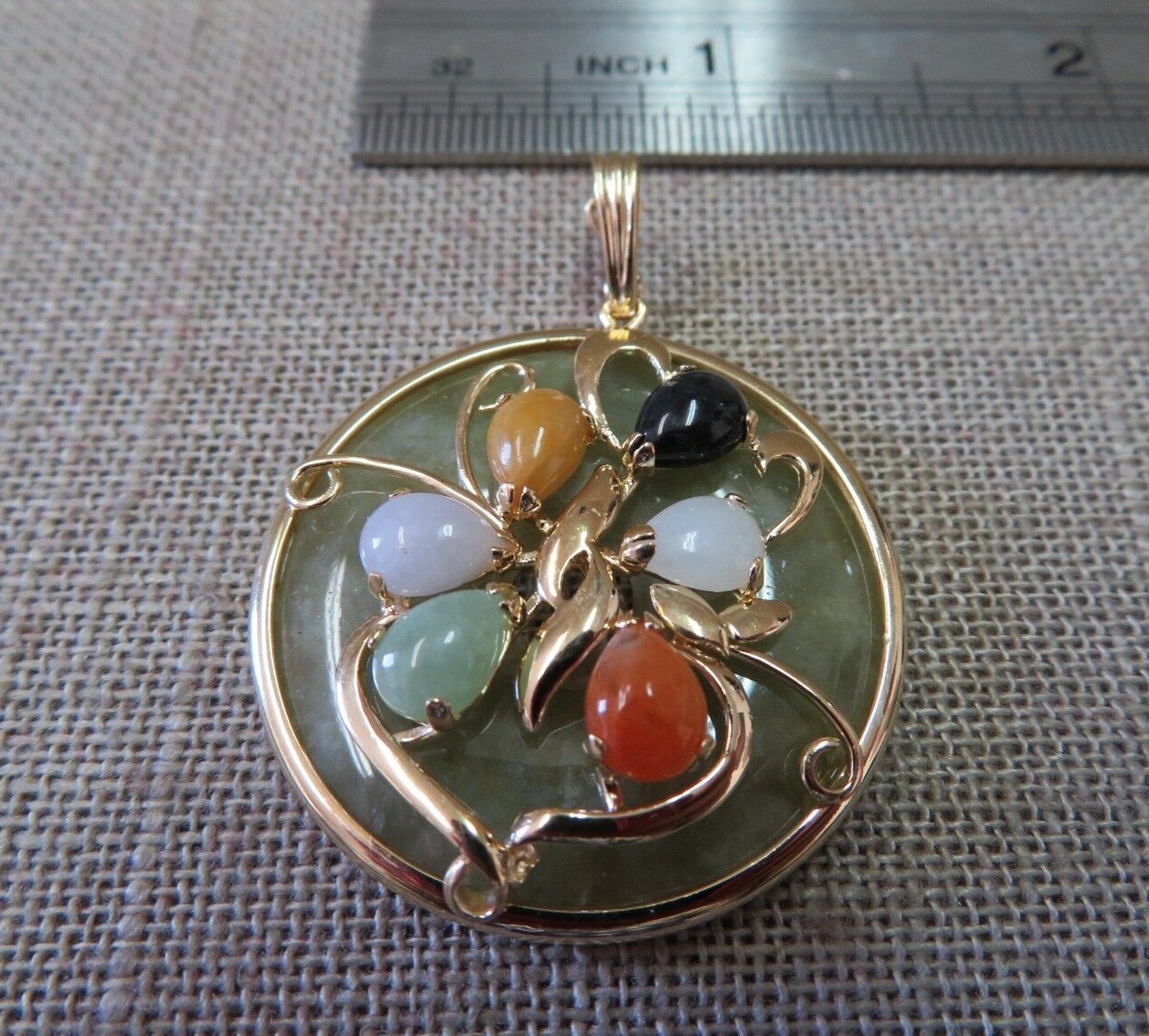 14k Solid Y. Gold Multi Color jadeite Jade Flower Pen… - Gem 14k Solid Y. Gold Multi Color jadeite Jade Flower Pen… - Gem
