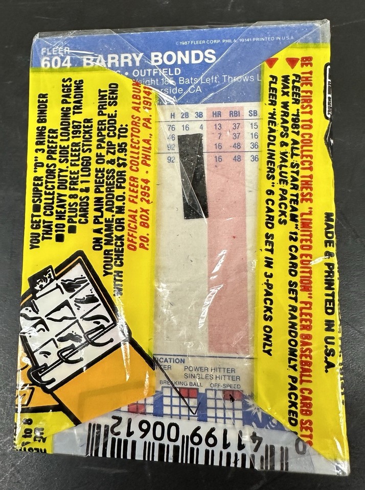 1987 Fleer Sealed Cello Pack Barry Bonds Rookies On Top & On Bottom ...