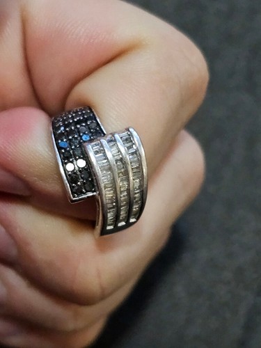 Sterling Silver 925 White & Black Diamond Ladies Bypass Ring signed DLC ...