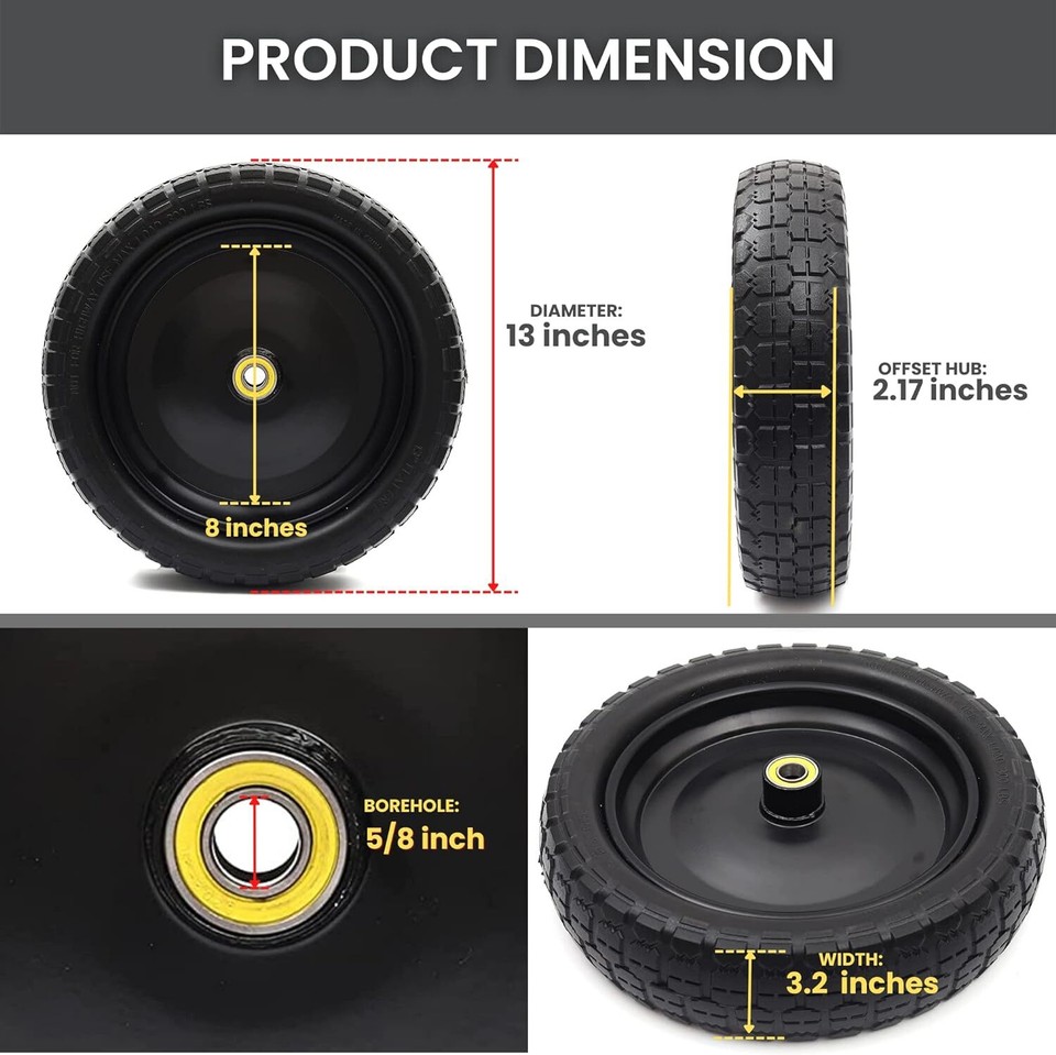 13" Flat Free Tire & Wheel W/ 5/8" Axle Bore Hole Solid Lawn Mower ...