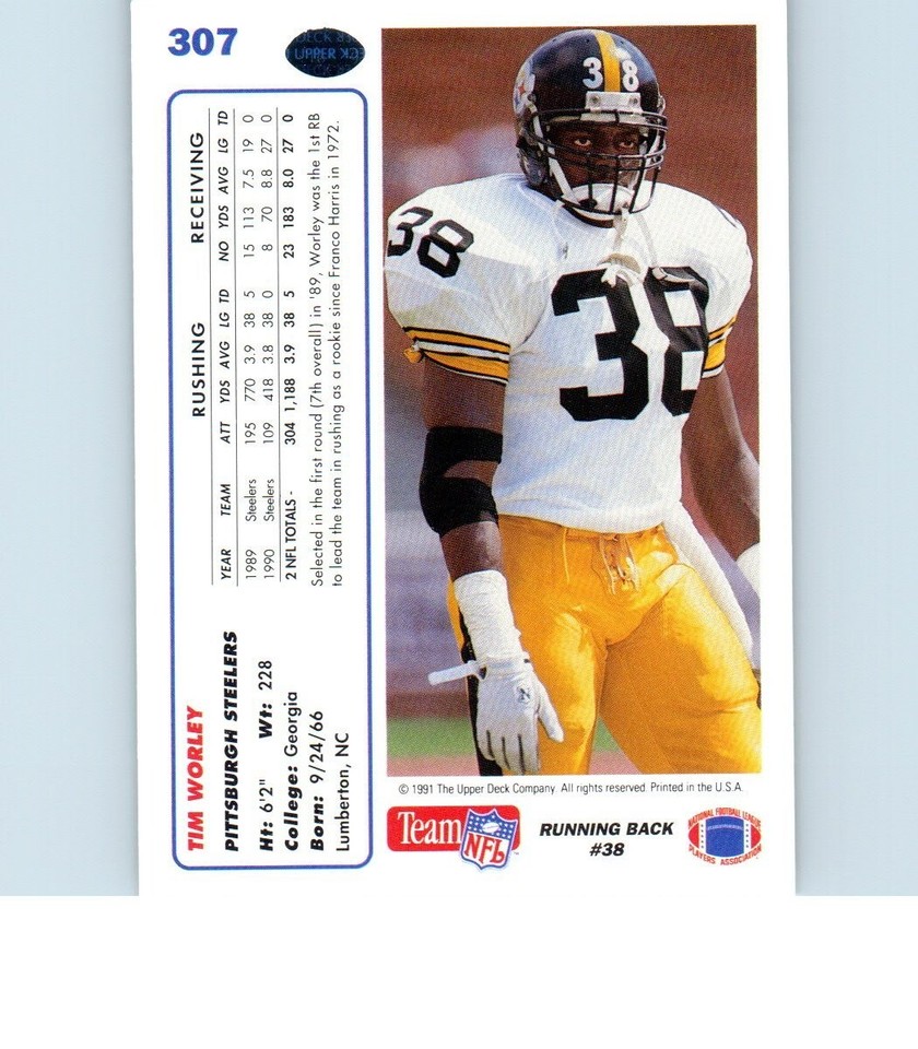 Tim Worley 307 Steelers 1991 Upper Deck NFL Football Trading Card | eBay