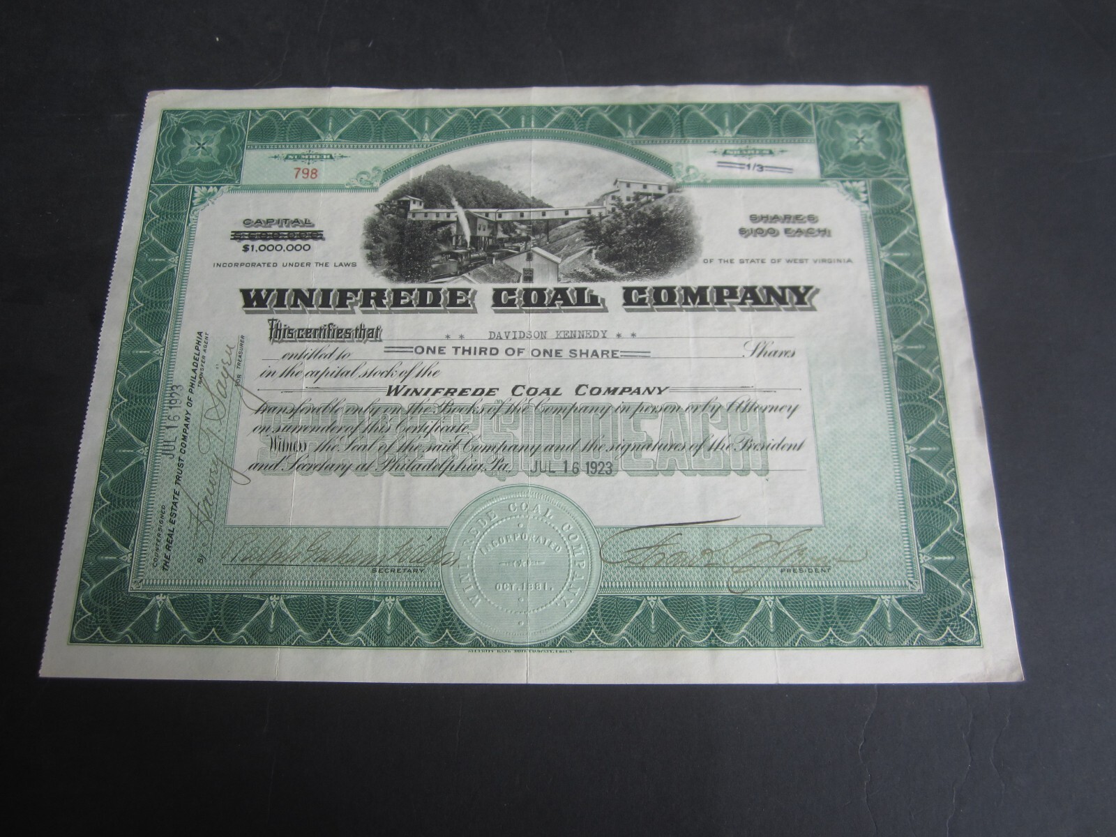Old 1923 - WINIFREDE COAL COMPANY - Stock Certificate - West Virginia ...