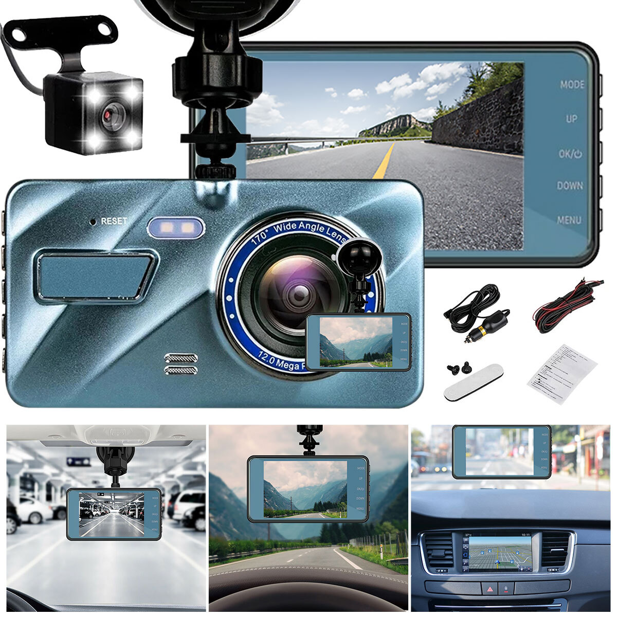 2 Car Dash Cam 1080P FHD Front and Rear Dash Cam 4" IPS Screen Driving ...