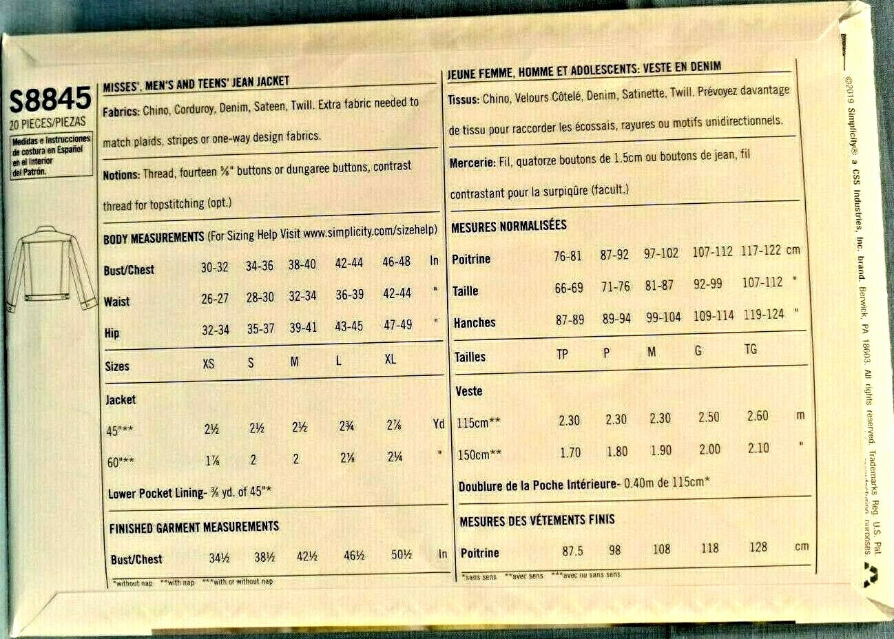 Simplicity Pattern 8845 Jean Jackets Mens Misses Sizes XS SM MD LRG ...