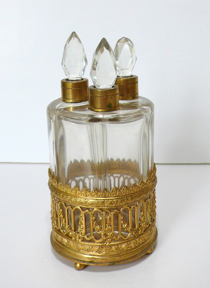 Antique French Three Glass Perfume Bottles Crystal Stoppers Gold Ormolu ...