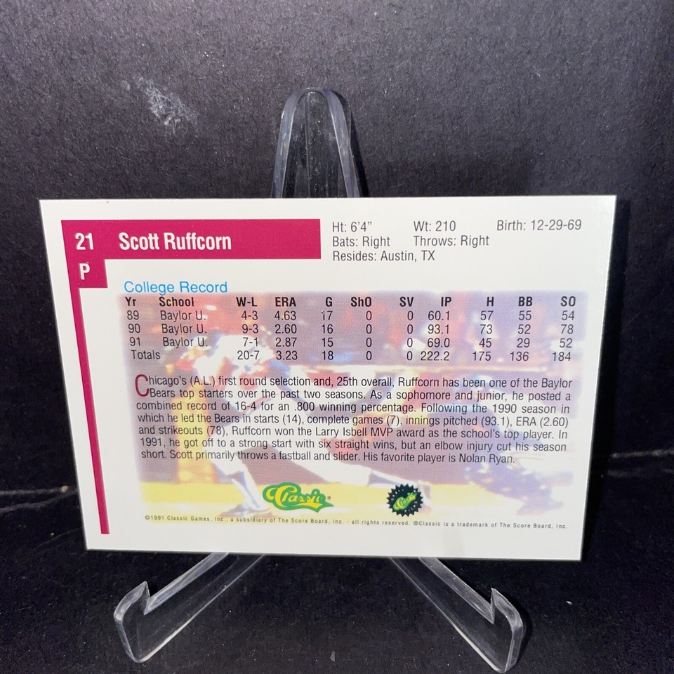 Scott Ruffcorn Pitcher Baylor University 1991 Classic Draft Pick Card ...