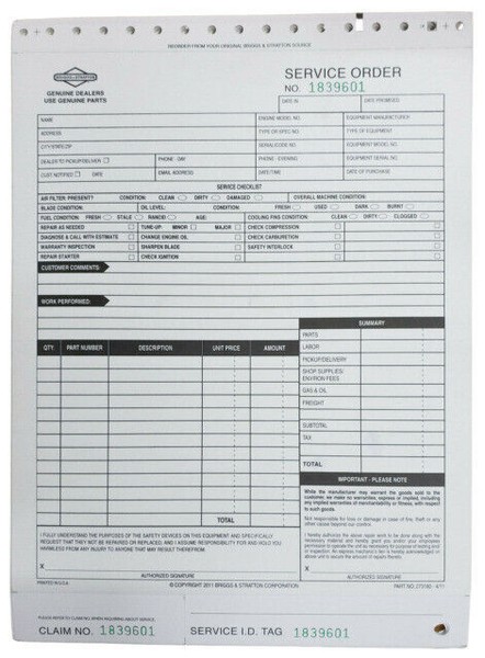 Briggs & Stratton 273180 Service Repair Order Form for sale online | eBay