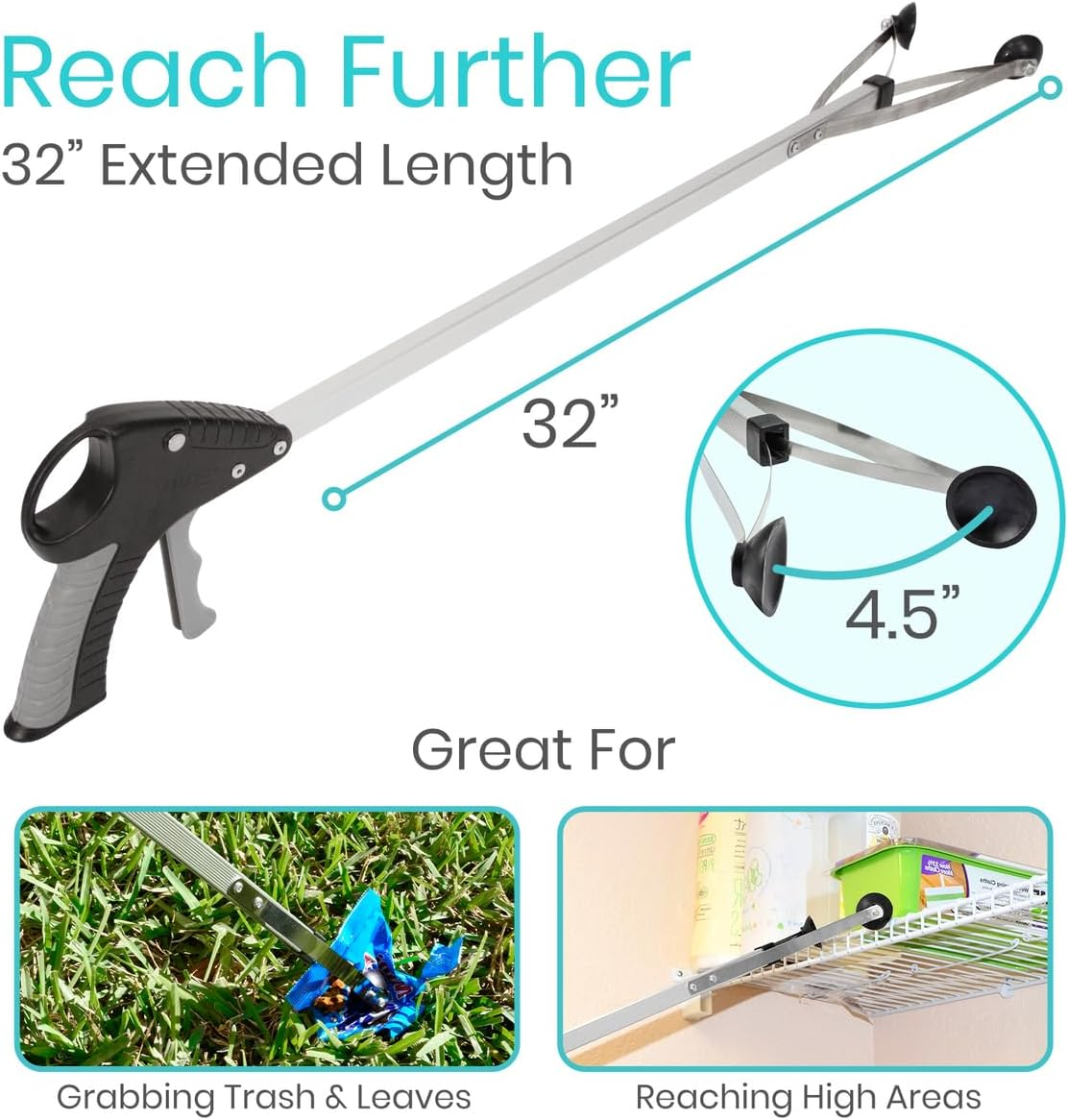 Suction Cup Grabber Reacher 32" (2 Pack) - Elderly Grab It Reaching ...