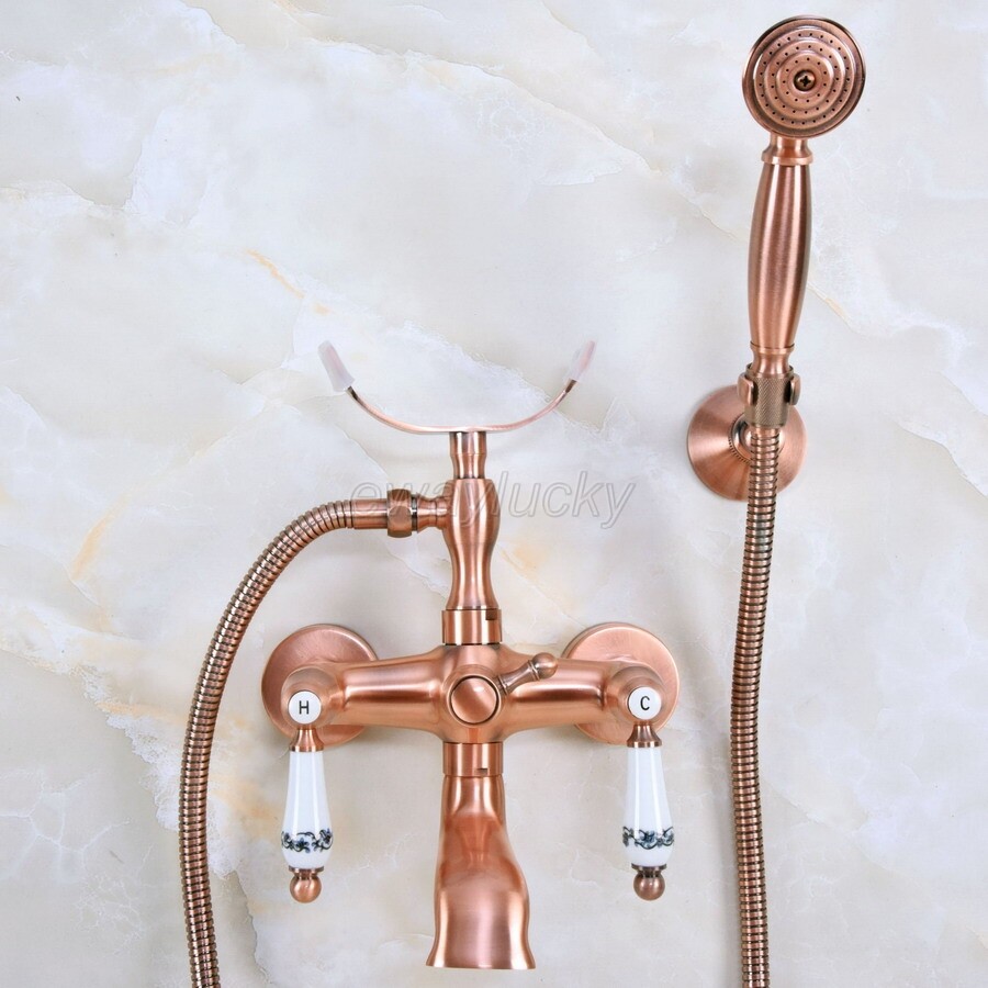 Red Copper Clawfoot Bath Tub Faucet with Hand Shower Mixer Tap Wall ...
