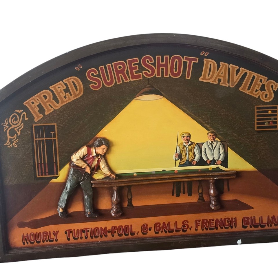 Vintage Fred Sure-Shot Davies' Wooden Sign, c.3ft x 2ft Pool Hall Sign ...