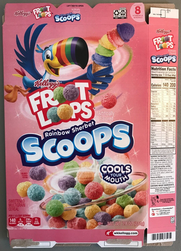 EMPTY Kellogg's Froot Loops Rainbow Sherbet Scoops Cereal Box Toucan ...