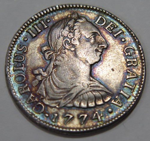MEXICO 2 REALES 1774 KING CHARLES III COLONIAL SILVER WORLD COIN TONED ...