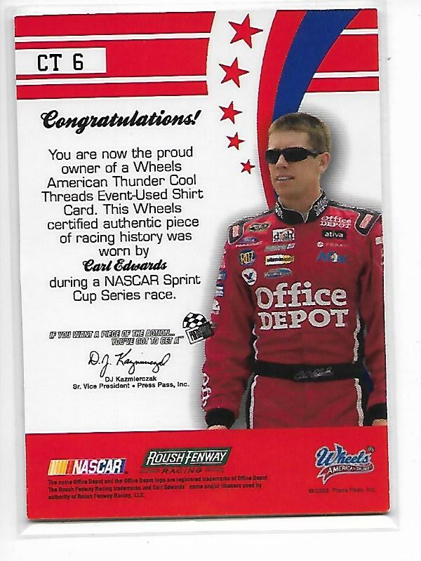 CARL EDWARDS 2008 WHEELS AMERICAN THUNDER COOL THREADS RACE-USED SHIRT ...