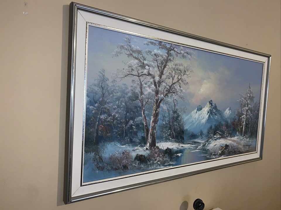 LARGE L HARDING PAINTING ON CANVAS / LANDSCAPE MOUNTAINS WINTER SIGNED ...