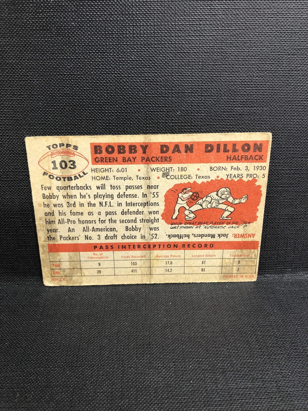 1956 Topps Football #103 Bobby Dillon Green Bay Packers Centered Good ...