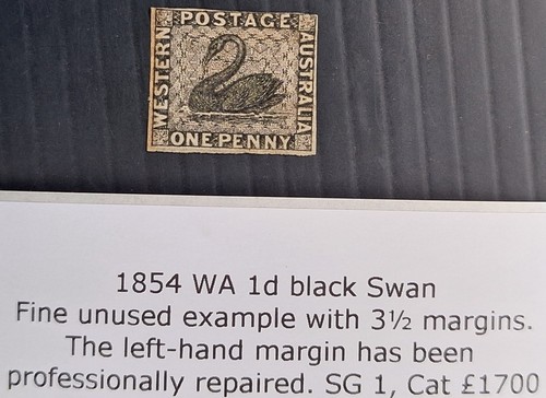 1854 Western Australia 1d Black Imperf Swan stamp WMK Swan S/waysMint ...