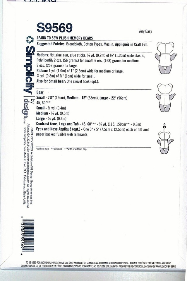 Simplicity 9569 Memory Teddy Bear 3 Sizes 7 1/2 in 15 in 22in Sewing ...