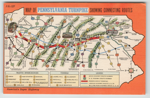 Postcard Vintage Map of Pennsylvania Turnpike Showing Connecting Routes ...