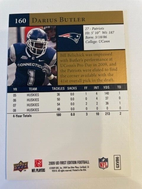 2009 Upper Deck First Edition #160 Darius Butler RC Rookie Patriots ...