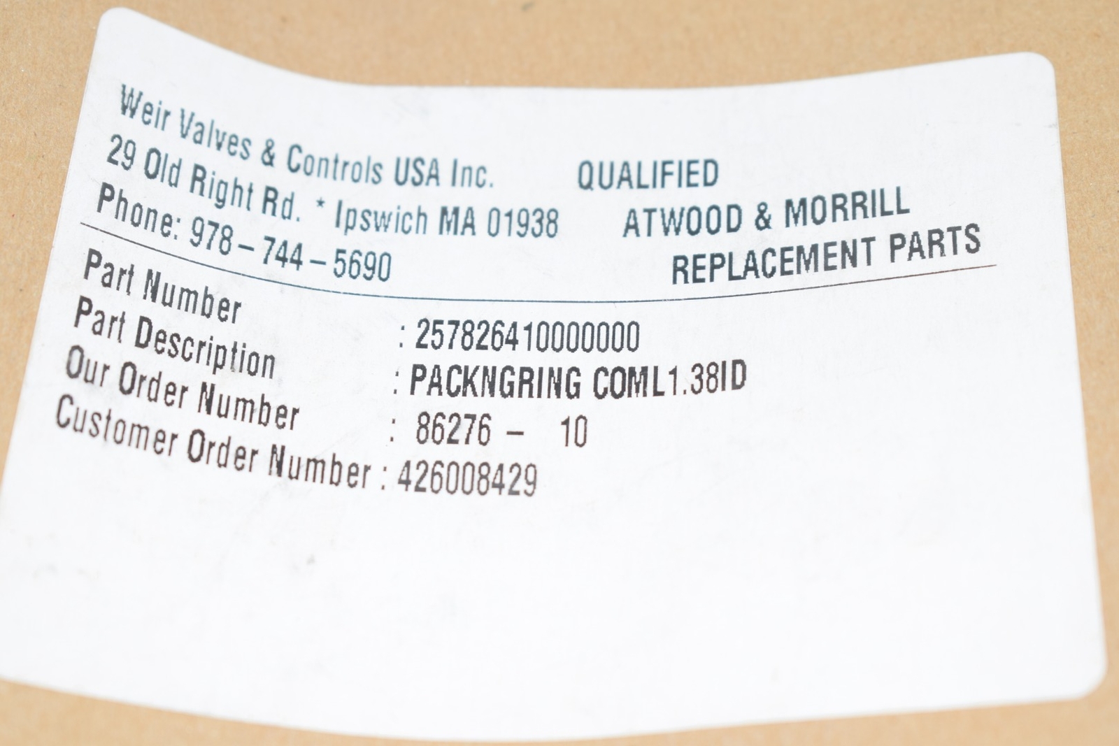 NEW ATWOOD & MORRILL Weir 25782641000000 Packing Ring COML 1.38 ID | eBay