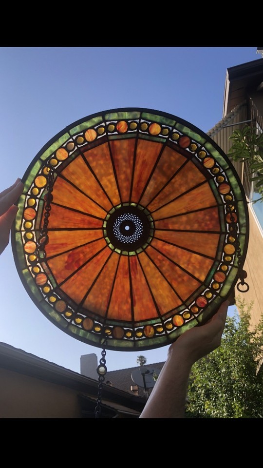 TIFFANY VINTAGE STAINED GLASS JEWELED LAMPSHADE ~ ARTS & CRAFTS HANDEL ...