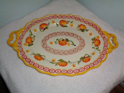 TEMPTATIONS Tara Pumpkin Patch 18" Handled Raised Oval Turkey Platter ...
