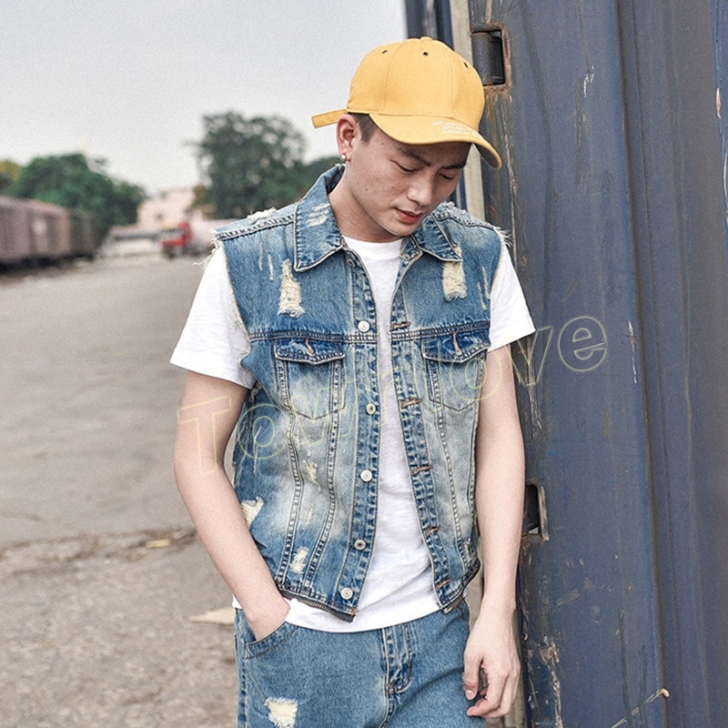 Men Retro Casual Ripped Denim Overalls Vest Jumpsuits Jeans Rompers ...