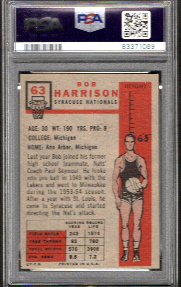 1957 TOPPS #63 BOB HARRISON ROOKIE SP SYRACUSE NATS 089 - PSA EX-MT 6 - NICE | eBay