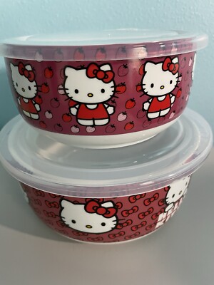 HELLO KITTY SET OF 2 Strawberry Ceramic Food Storage Bowls/Containers ...