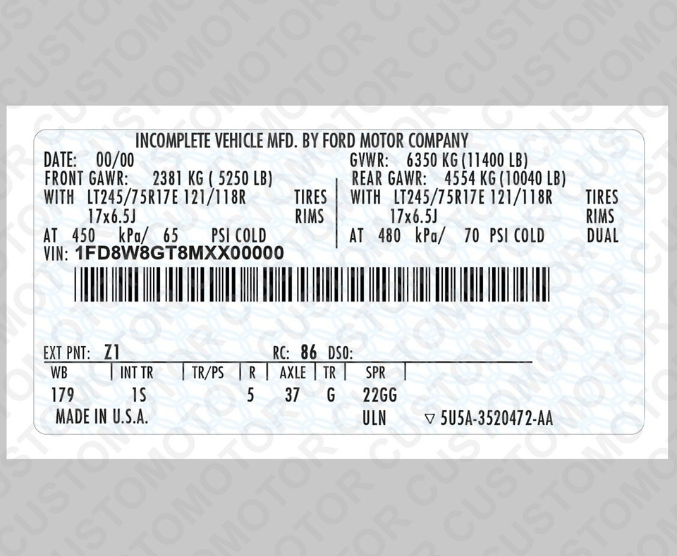 Ford Set Factory Style Replica Stickers Labels Tire & VIN | White ...