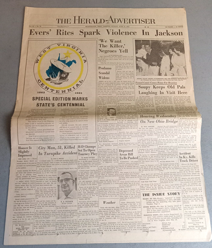 THE HERALD ADVERTISER WV June 16, 1963 Newspaper EVERS' RITES SPARK ...