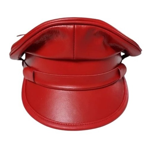 Genuine Leather Red Army Cap Real Leather Muir Biker Hat Peaked Police ...