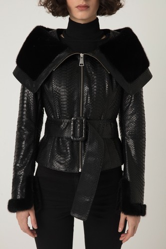 All Sizes Women's Genuine Python Leather Mink Fur Collar White Exotic ...