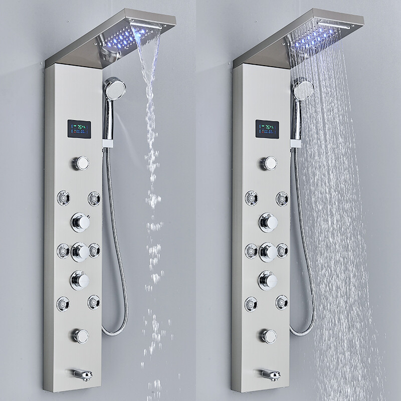 LED Shower Panel Column Tower Stainless Steel Black Waterfall Body Jet ...