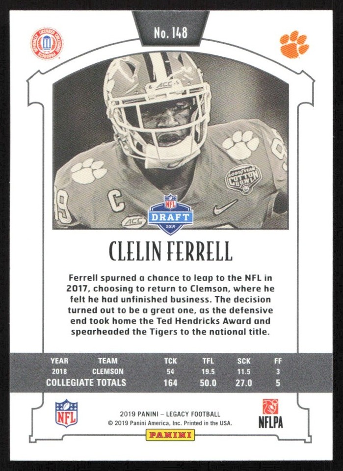 2019 Panini Legacy Clelin Ferrell RC #148 Clemson Tigers | eBay