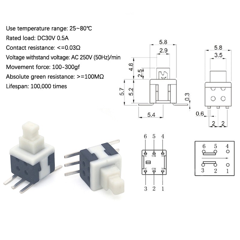 10Pcs 5.8x5.8MM Self Locking / UNlock 6P Button Push Tactile Power ...