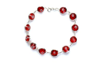 Solid 925 Sterling Silver 10MM Red Crystal Evil Eye Charm Bracelet - 7. ...