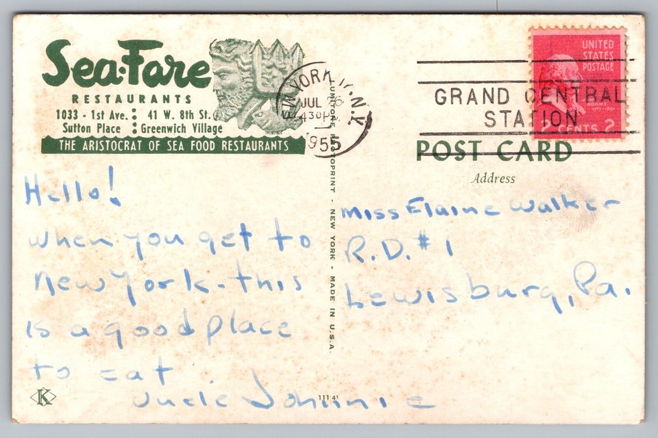 Sea Fare Restaurant Greenwich Village New York Postcard | eBay