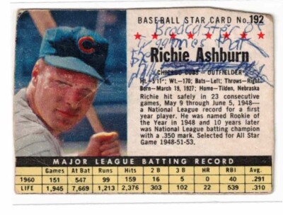 1961 Post Cereal #192, Richie Ashburn, Chicago Cubs, Ink Marks | eBay