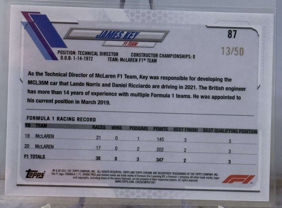 2021 Topps Chrome F1 - James Key (Mclaren Team Boss) Gold Refractor /50 ...