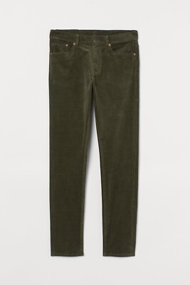 H&M MENS Green Khaki Corduroy Slim Fit Jeans Pants 31x32 - NEW HM | eBay
