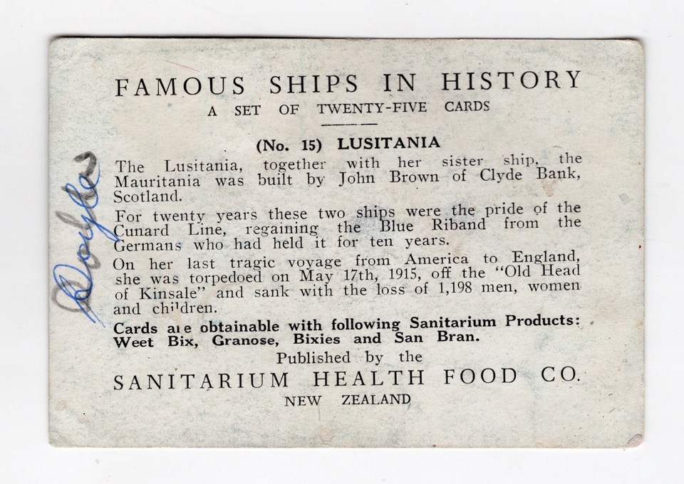 Sanitarium NZ Shipping Card. Famous Ships. The Lusitania, Cunard Line ...
