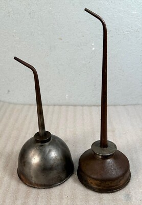2 LARGER VINTAGE THUMB PUMP OIL DISPENSERS 10" COPPER & 8" STEEL MASTER ...