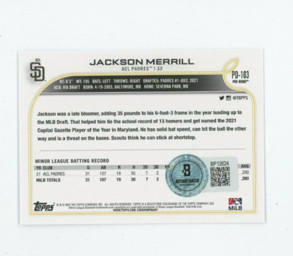 Jackson Merrill AUTO Signed Rookie 2022 Topps Pro Debut #103 BAS COA On ...