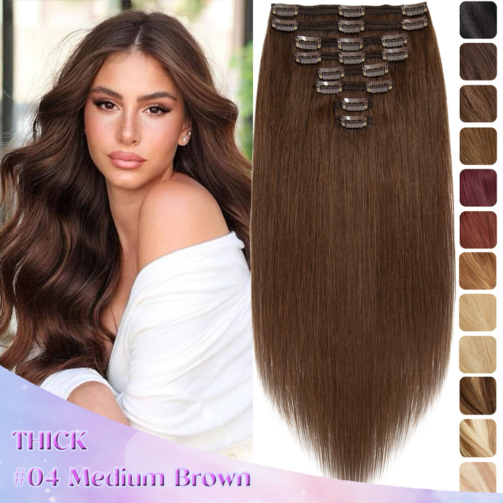 Double Weft Clip in Human Hair Extensions FULL HEAD THICK Russian Remy ...