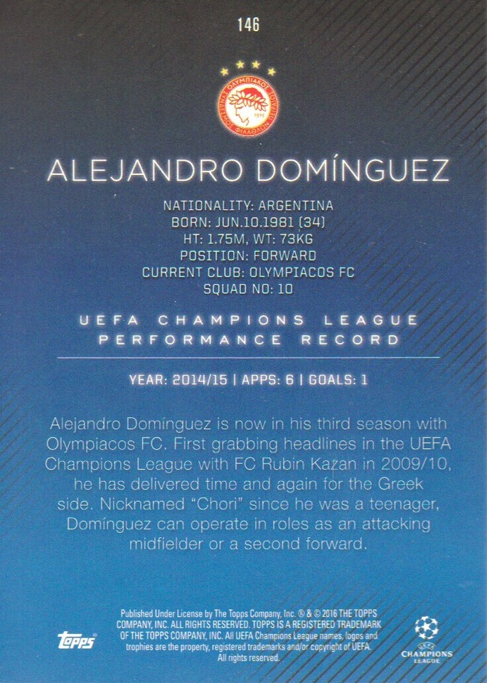 2015-16 Topps UEFA Champions League Showcase #146 Alejandro Dominguez ...