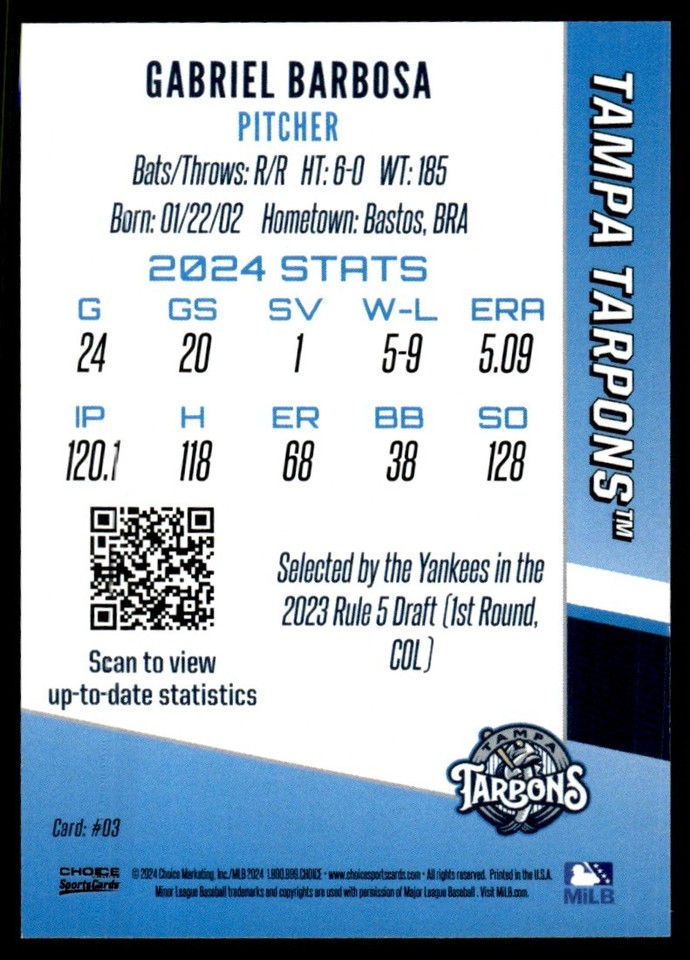 2024 Gabriel Barbosa MiLB Minor League Rookie Tampa Tarpons Yankees | eBay